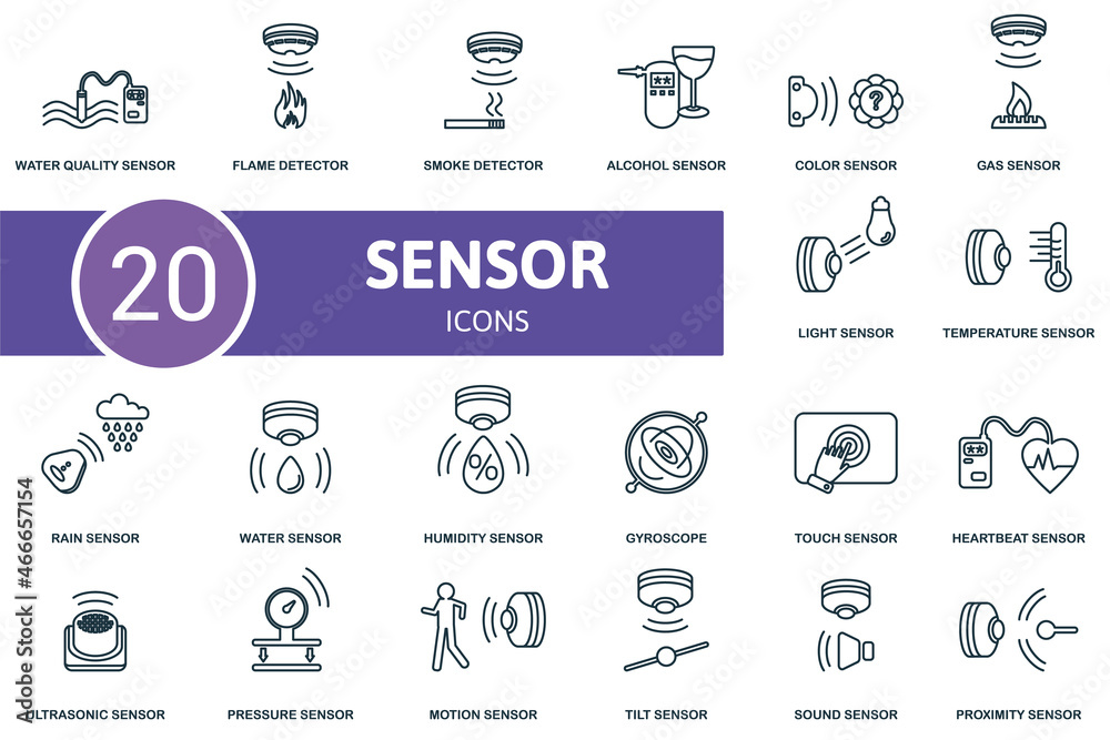 Sensor icon set. Collection of simple elements such as the water ...
