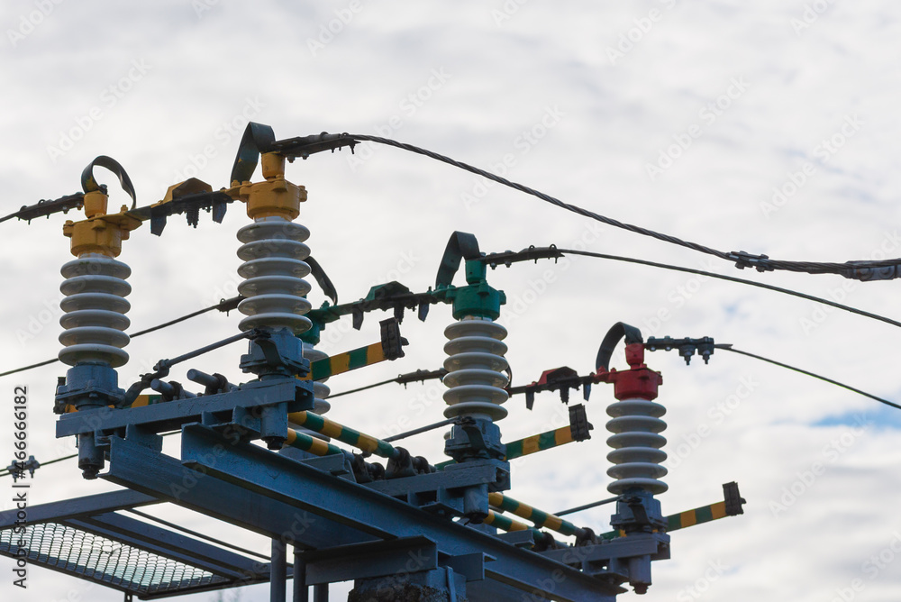 High voltage circuit electric breaker in a power substation.Closeup of ...