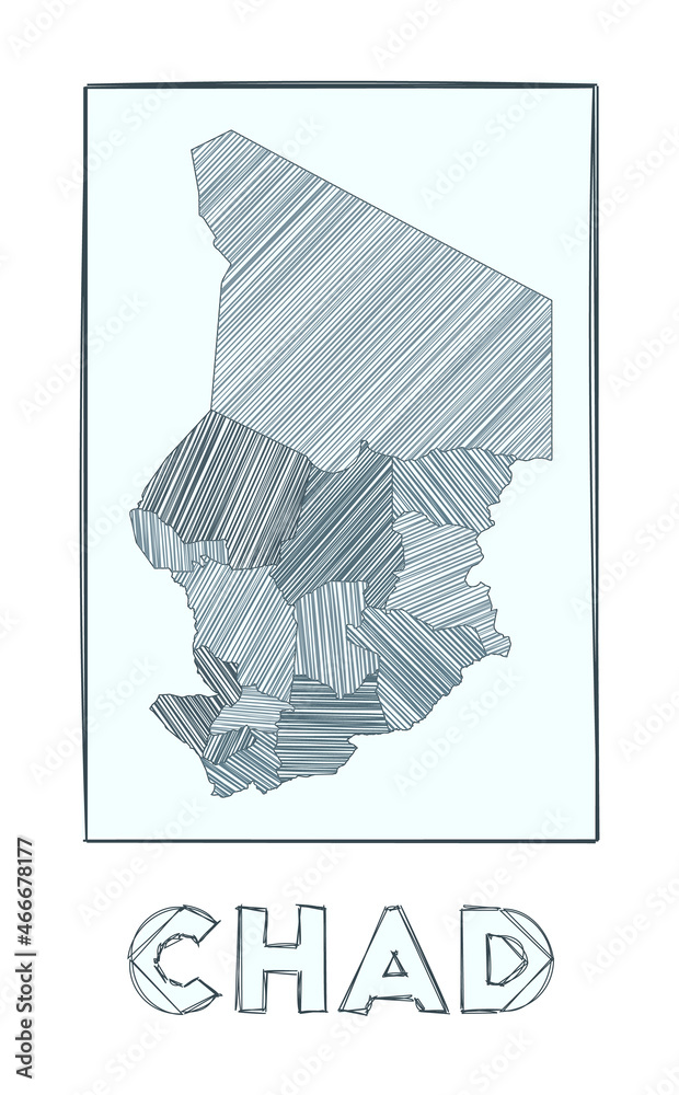 Grayscale hand-drawn map of Chad. Filled regions with hachure stripes ...