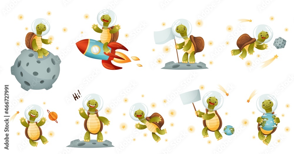 Cute turtle astronaut set. Funny tortoise space tourist character ...