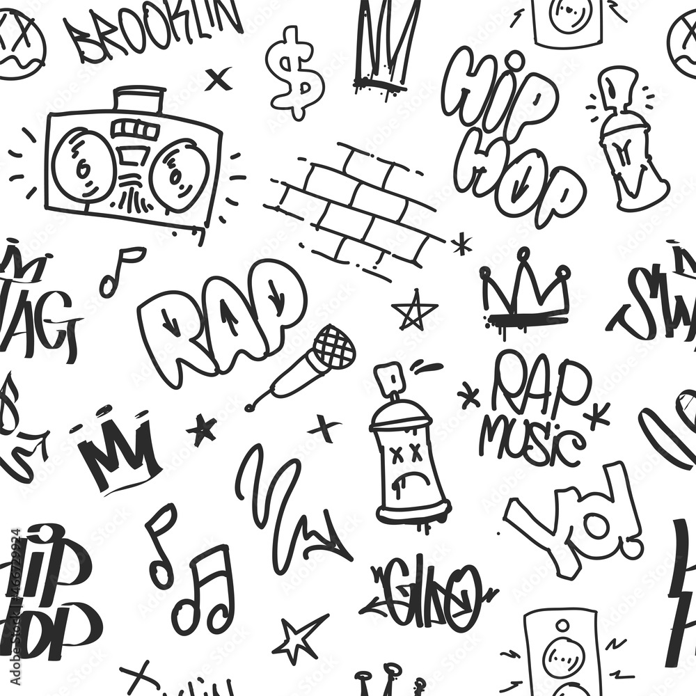 Hip-Hop and Rap doodle graffiti tags white vector seamless pattern ...