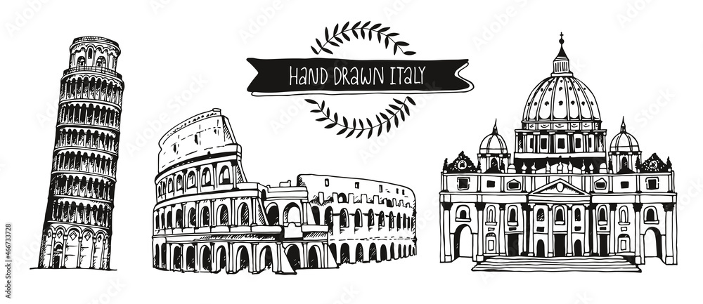 Italy vector set, hand drawn collection of Italian landmarks: Tower of ...