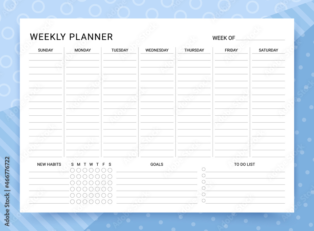 Weekly planner. Timetable with habit tracker, goals and to do list ...