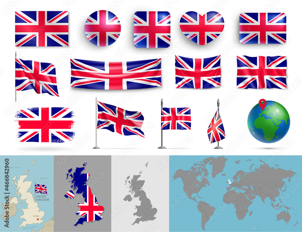 Set of UK flags of various shapes and maps. Realistic waving British ...