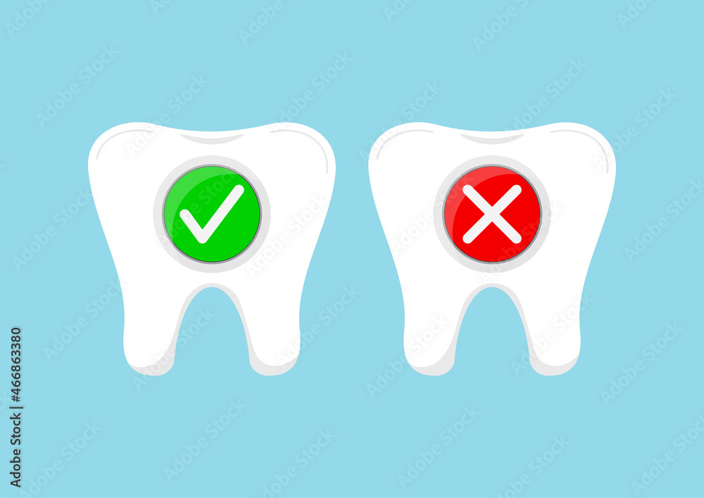 Tooth with check marks icon set. Dental true or fiction and wrong or ...