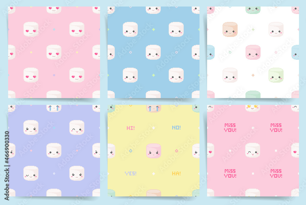 Pixel art cute marshmallows emoji seamless pattern. Square repeat tile ...