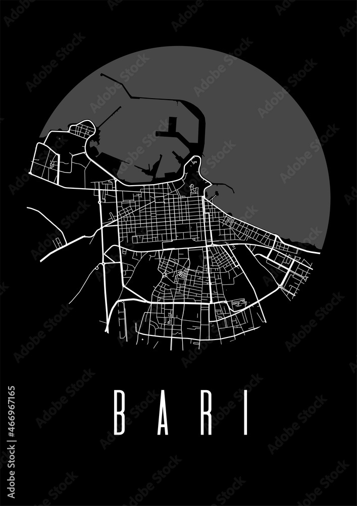Bari map vector black poster. Round circular view, street map of Bari ...
