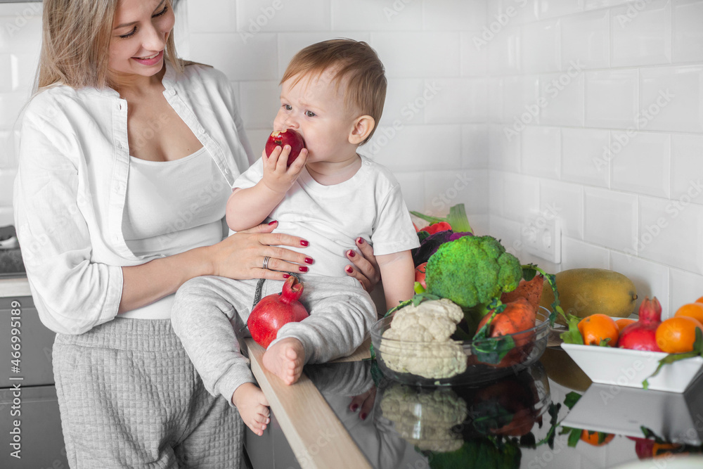 happy family mother and son little boy eating healthy vegetarian food ...