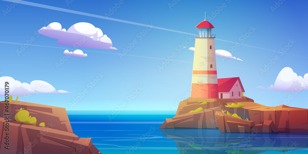 Lighthouse on rock island in sea. Vector cartoon illustration of summer ...