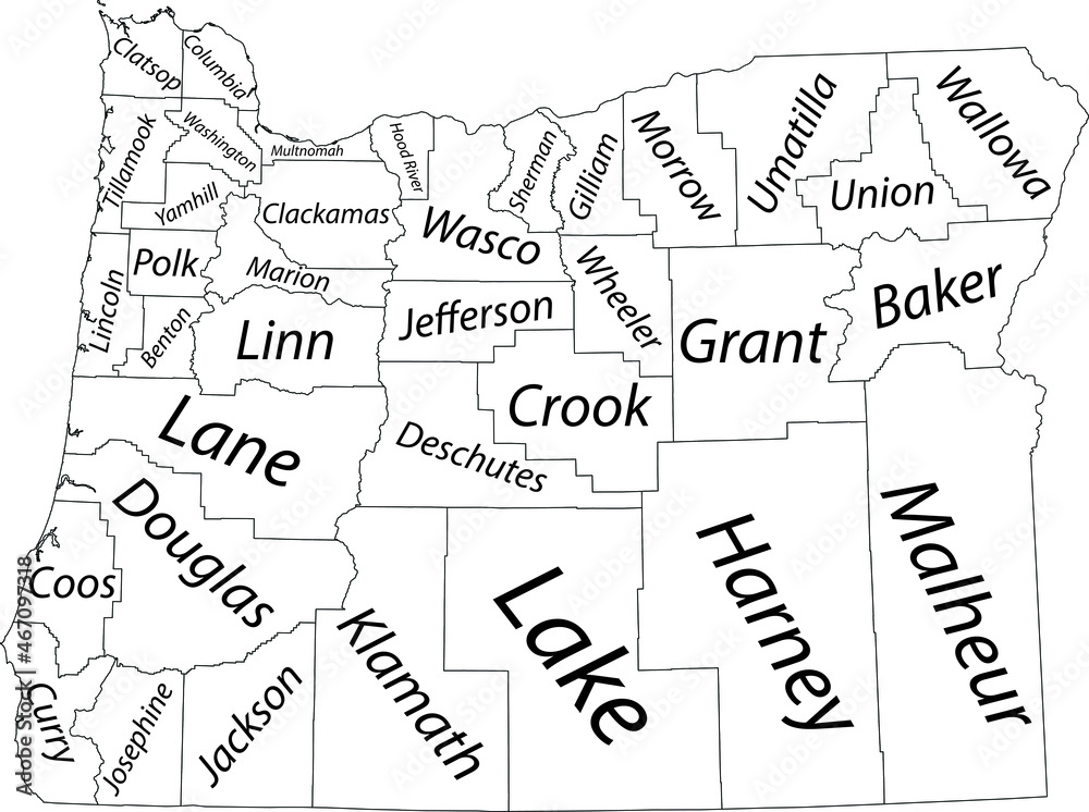 White vector administrative map of the Federal State of Oregon, USA ...