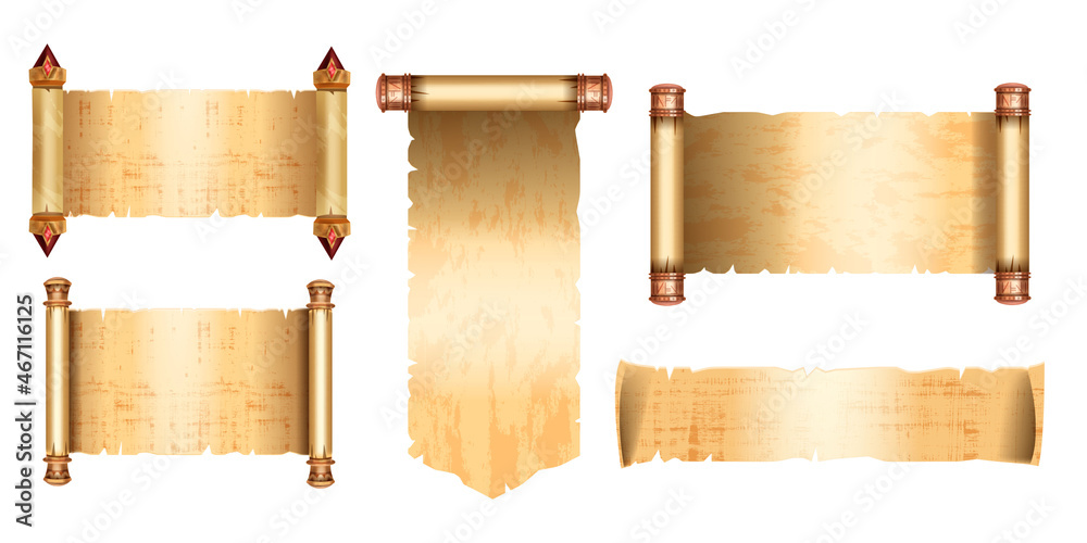 Ancient papyrus scroll set, vector game parchment paper background kit ...