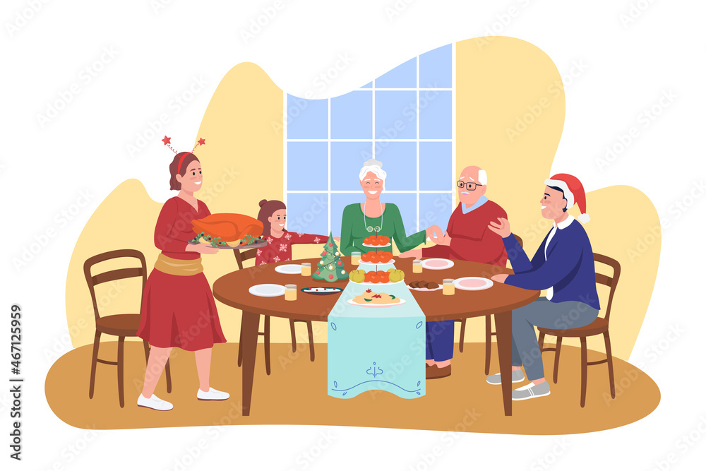 Festive family dinner 2D vector isolated illustration. Holiday ...