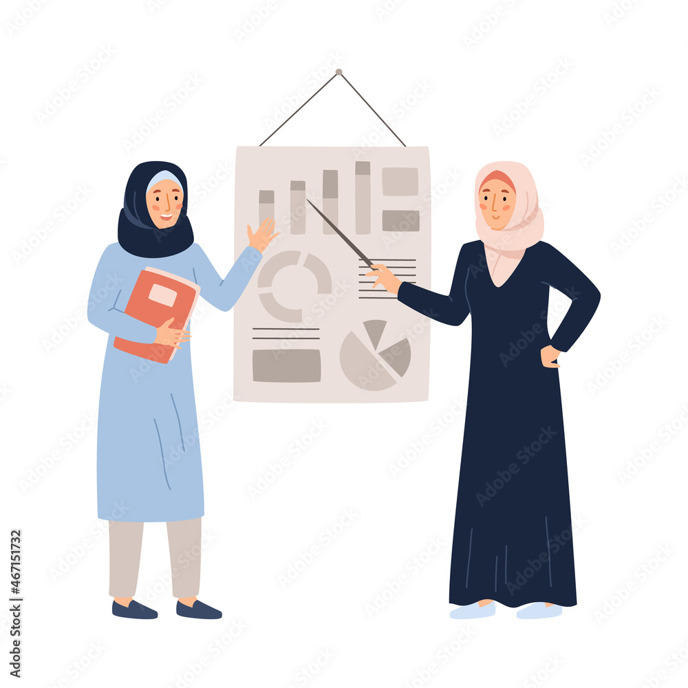 Saudi Arab muslim women wear hijab doing presentation showing diagram sheet with pie chart at ...