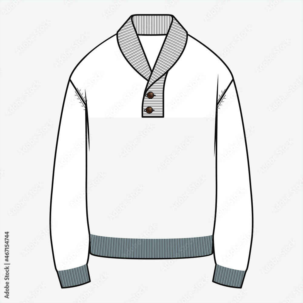 Sweater vector flat sketch, knitting, men's cardigan Technical drawing ...
