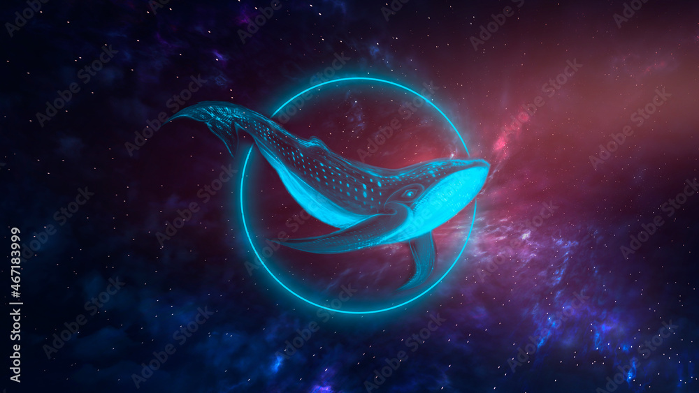 Abstract night fantasy space landscape, whale in space, dark fantasy ...