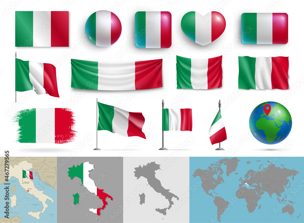 Set of Italy flags of various shapes and maps. Realistic waving Italian ...