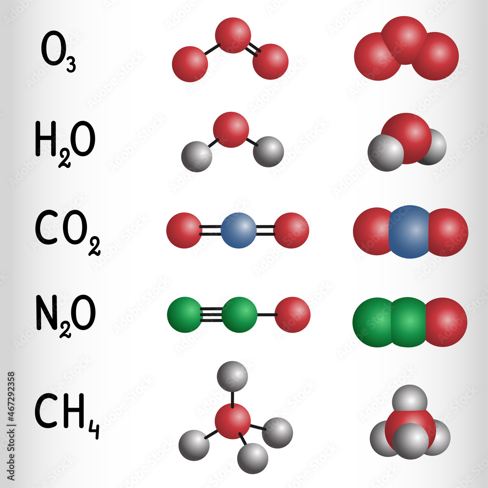 Water, carbon dioxide, methane, nitrous oxide, ozone molecule ...