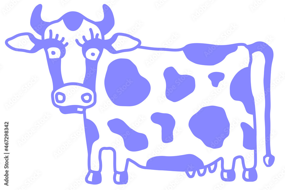 Cute cow caricature, side view. Cartoon style, blue outline simple ...