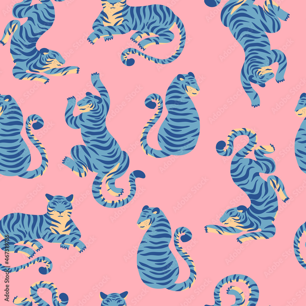 Seamless modern vector pattern. Blue water tigers on pink backgroud ...