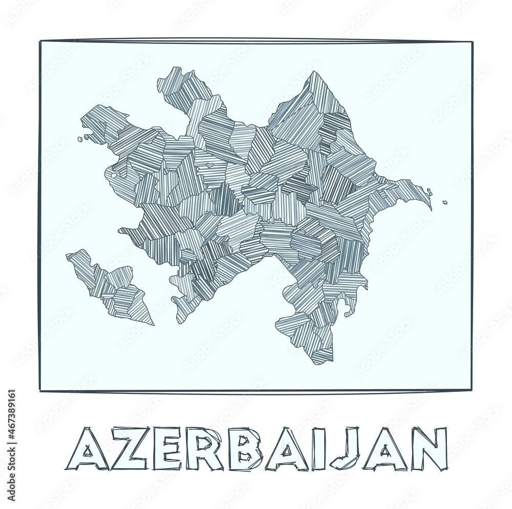 Grayscale hand-drawn map of Azerbaijan. Filled regions with hachure ...