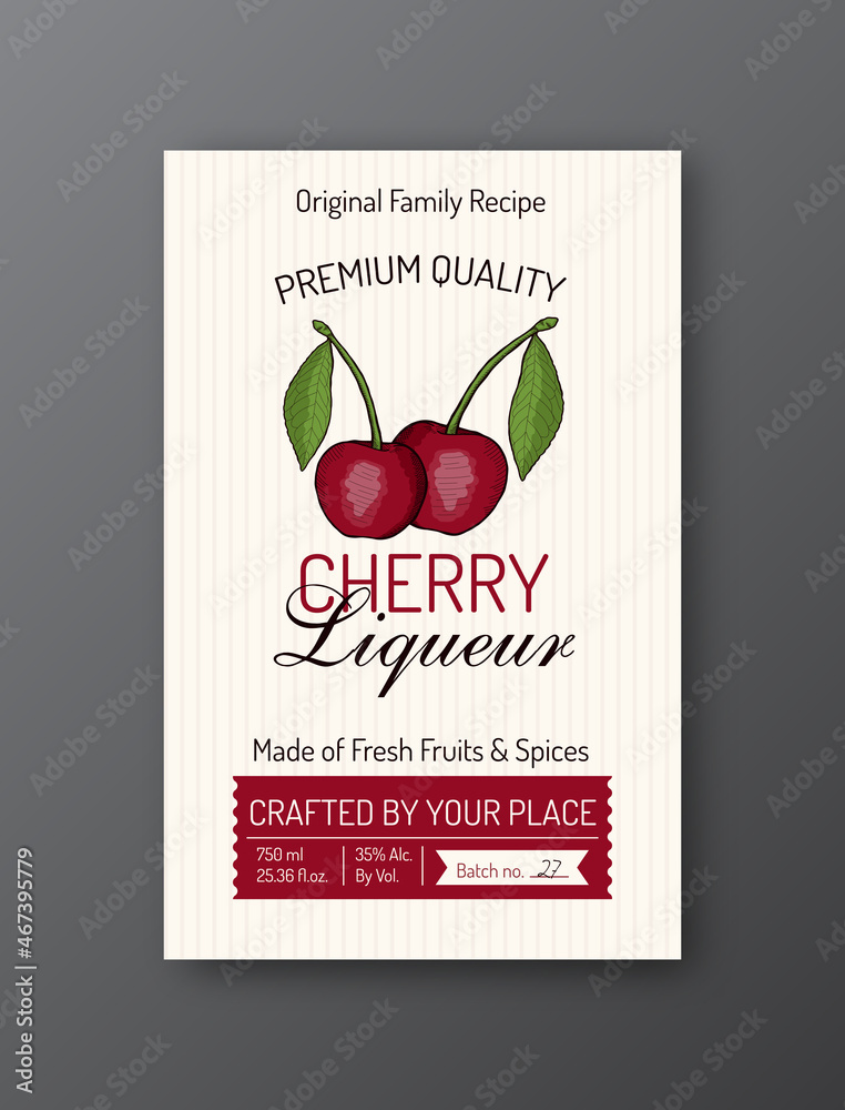 Cherry liqueur alcohol label template. Modern vector packaging design ...