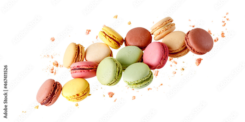 French sweet colorful mixed cookies macarons macaroons with crumbs ...