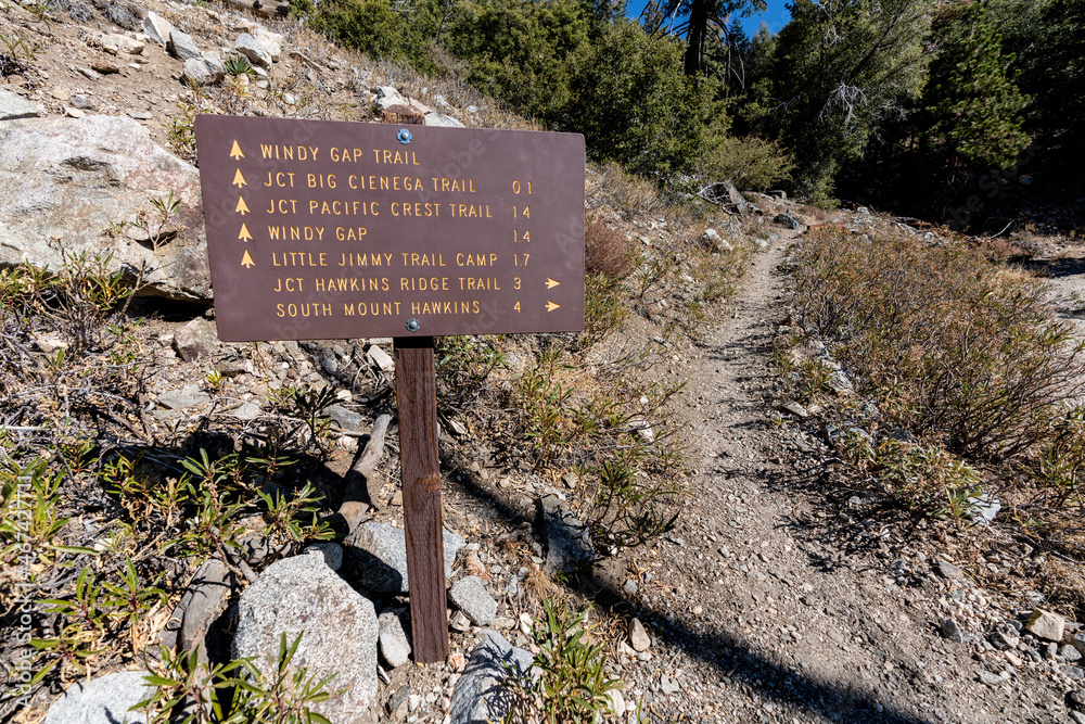 Windy Gap trail sign near Crystal Lake in the San Gabriel Mountains area of Los Angeles County ...
