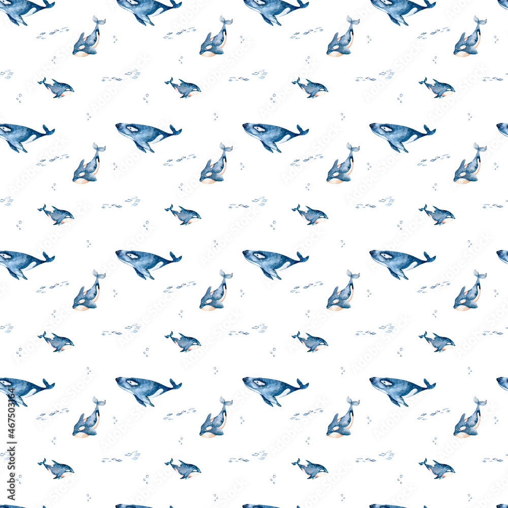 Watercolor whales seamless pattern . Hand drawn cute illustration with ...