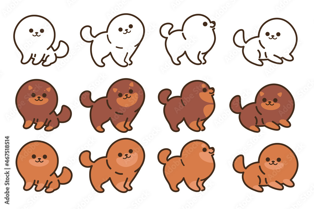 Cartoon dog icon set. Different poses of spitz. Vector illustration for ...
