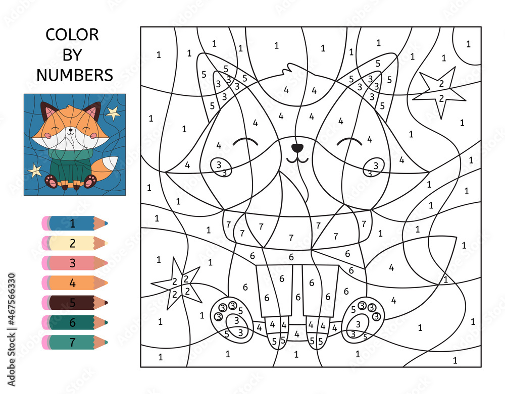 Color by numbers. Cute cartoon fox and green sweater. Kawaii forest ...