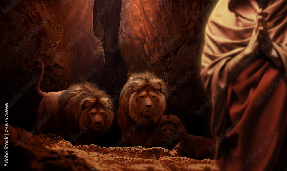 Daniel thrown into the lions den praying to God. Biblical story theme ...