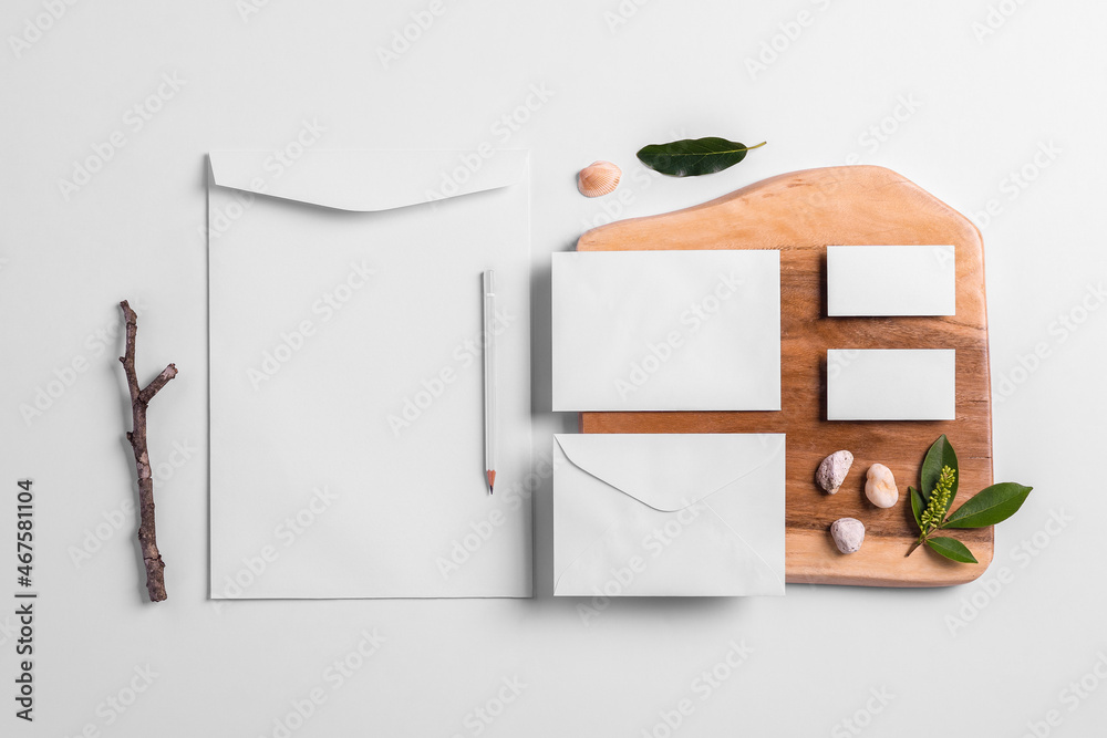 Wooden branding mockup, stationery branding mockup template with leaves ...