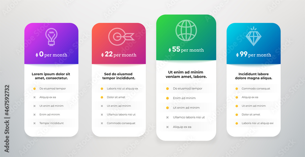 Pricing plans. Business product subscription list layout. Grids and ...