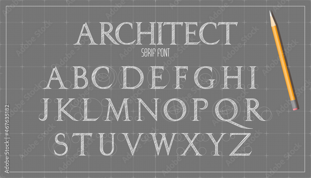 Blueprint architecture font. Capital serif letters alphabet. Sketch ...