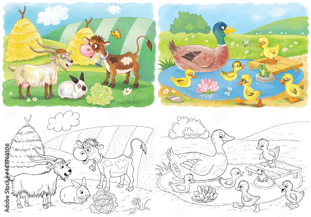At the farm. Set of cute farm animals. Coloring book. Coloring page ...