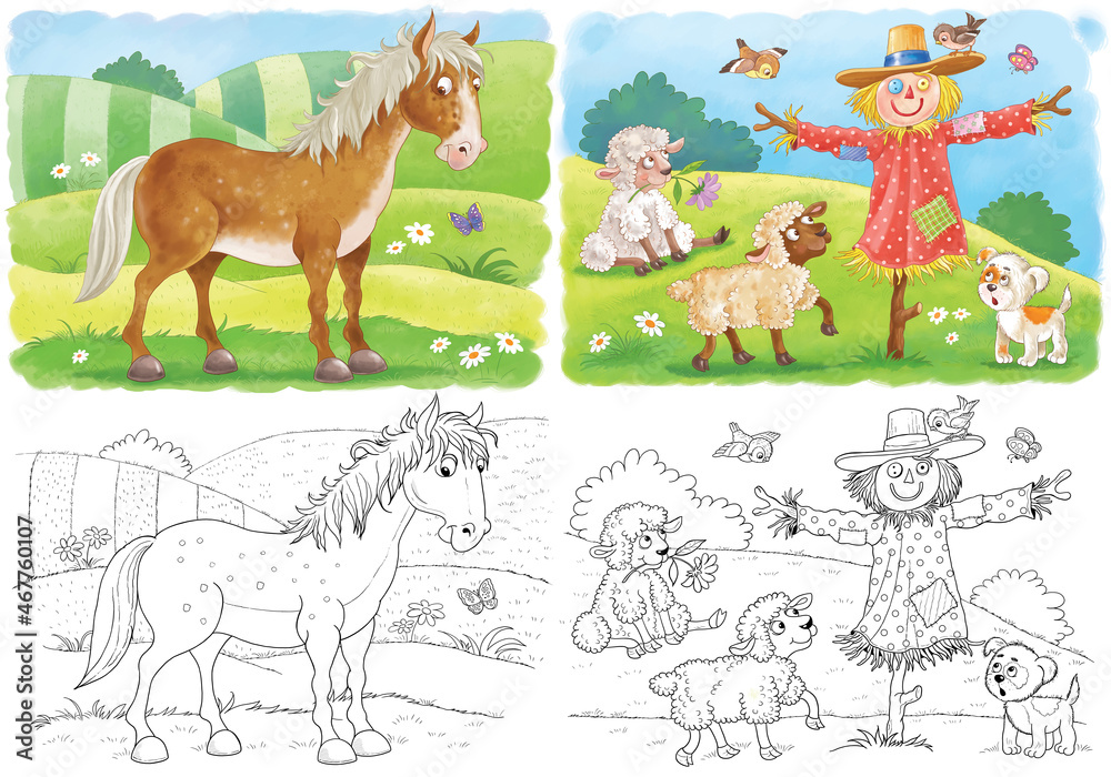 At the farm. Set of cute farm animals. Coloring book. Coloring page ...