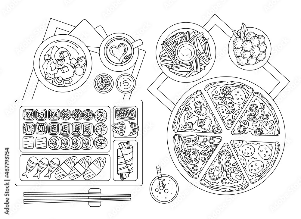 Food object for coloring book. Vector Illustration of sushi, rolls ...