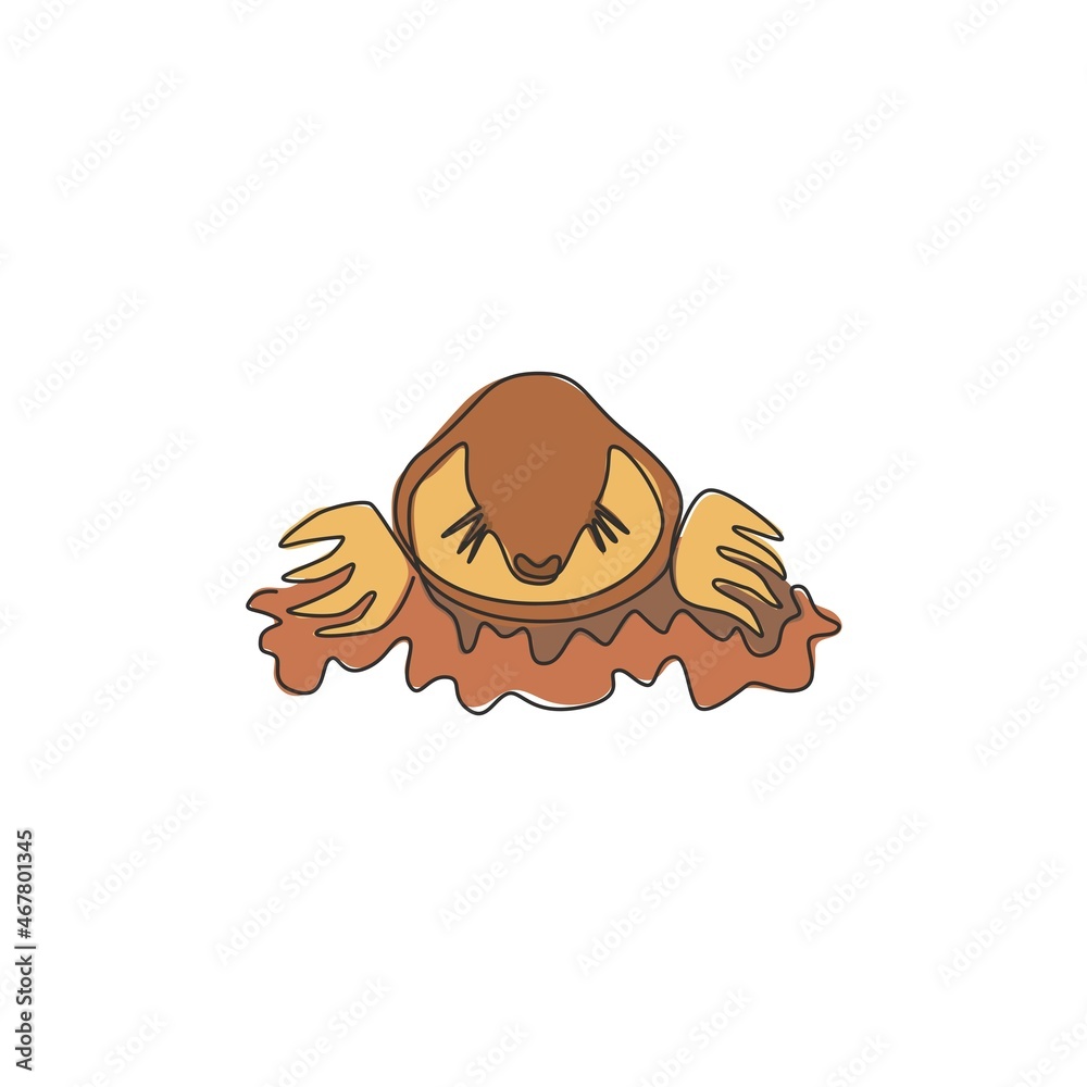 One continuous line drawing of cute lawn mole head out from ground for ...