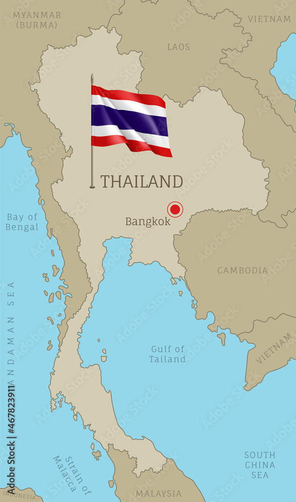 Highly detailed Thailand map with flag and labelings. Editable gray map ...