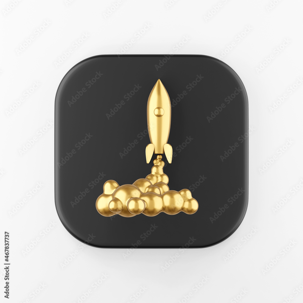 Golden space rocket launch icon. 3d rendering black square key button, interface ui ux element ...