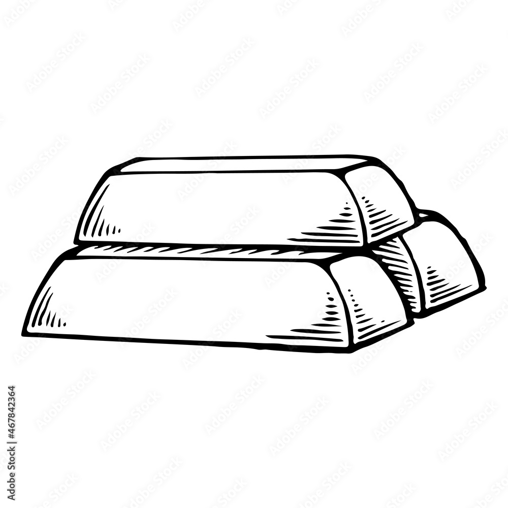 Sketch of gold bar ingots in engraving style. Group of solid vault kg ...