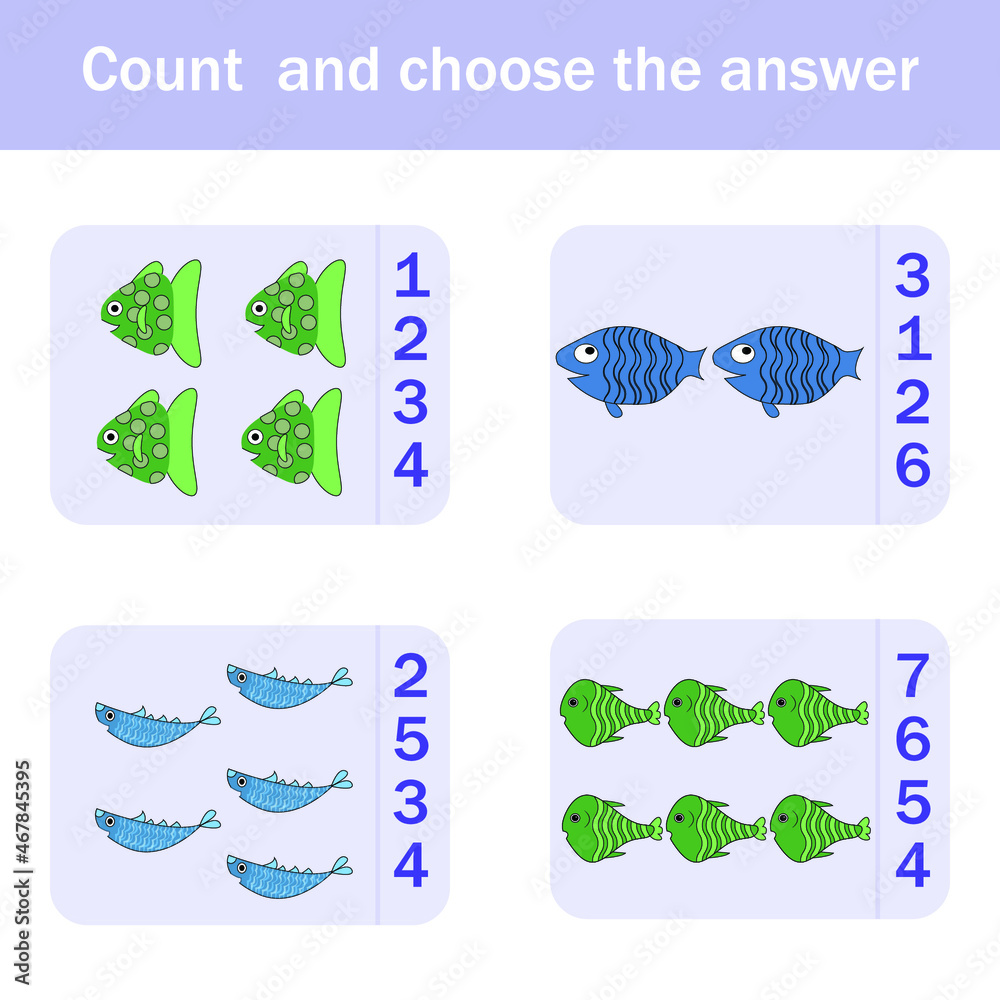 How many counting game with funny fishes. Preschool worksheet, kids ...