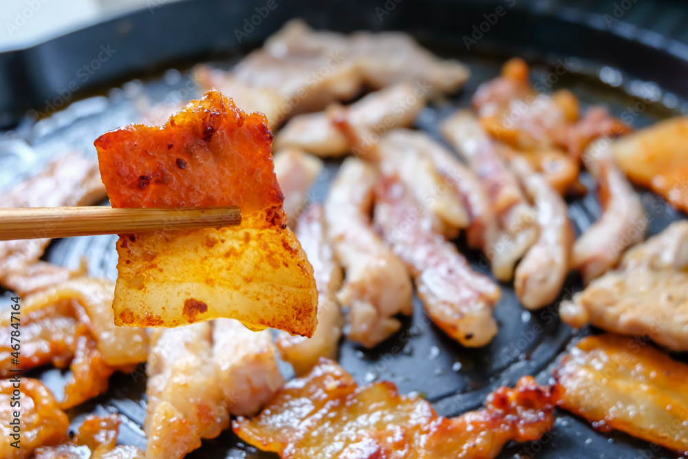 Korean traditional grilled BBQ food, samgyupsal, pork with gochujang ...