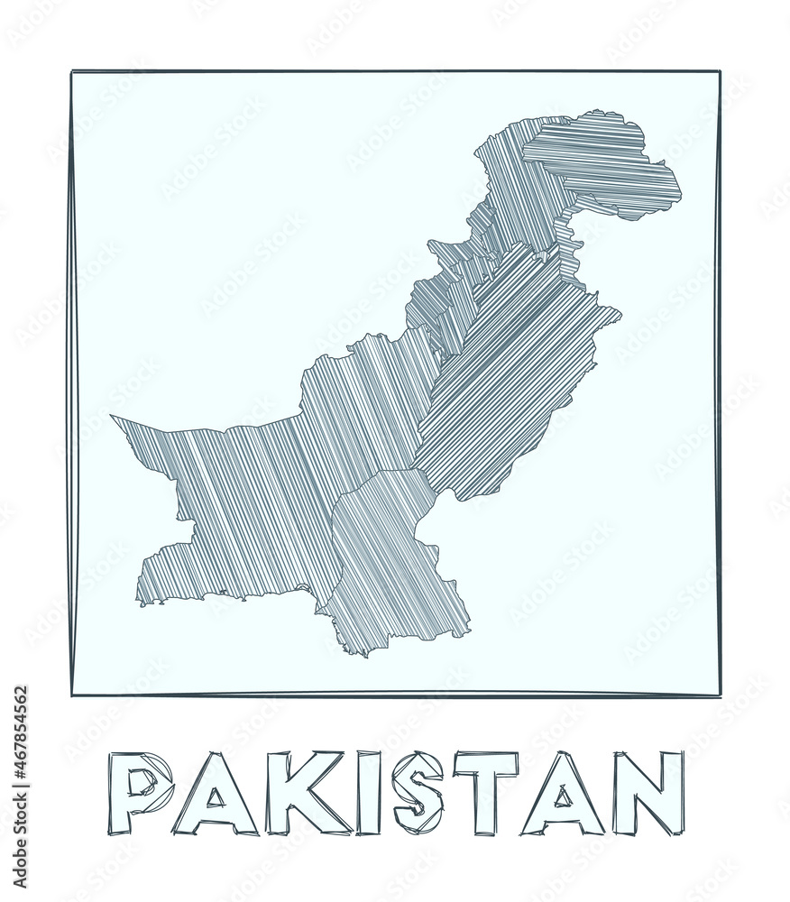 Grayscale hand-drawn map of Pakistan. Filled regions with hachure ...
