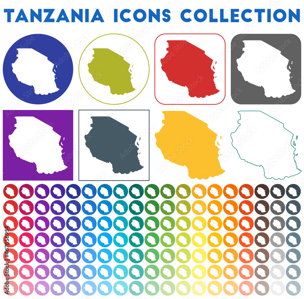 Tanzania icons collection. Bright colourful trendy map icons. Modern ...