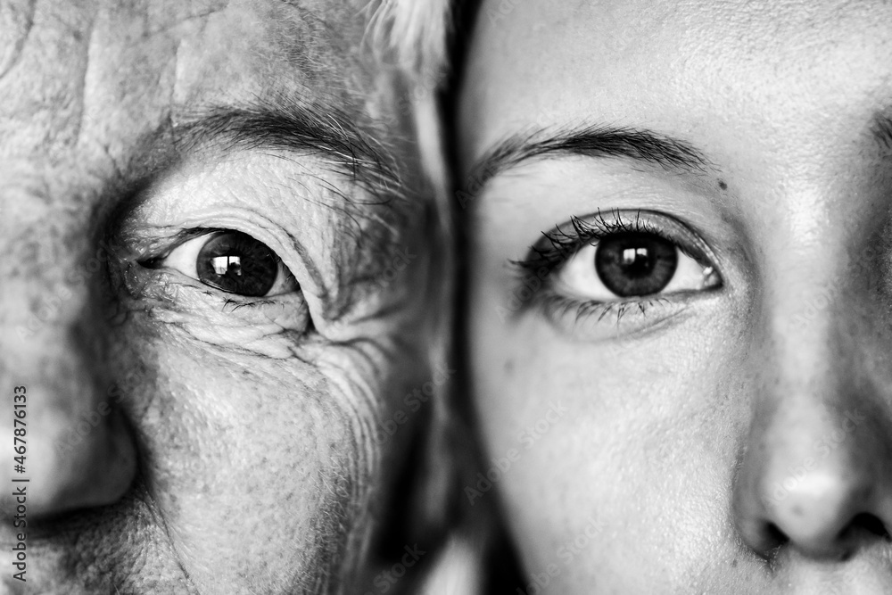 Gray scale wallpaper background, eyes of old woman and young woman の ...