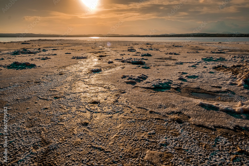 The Salinas of Torrevieja at sunset, a lagoon that produces salt by ...