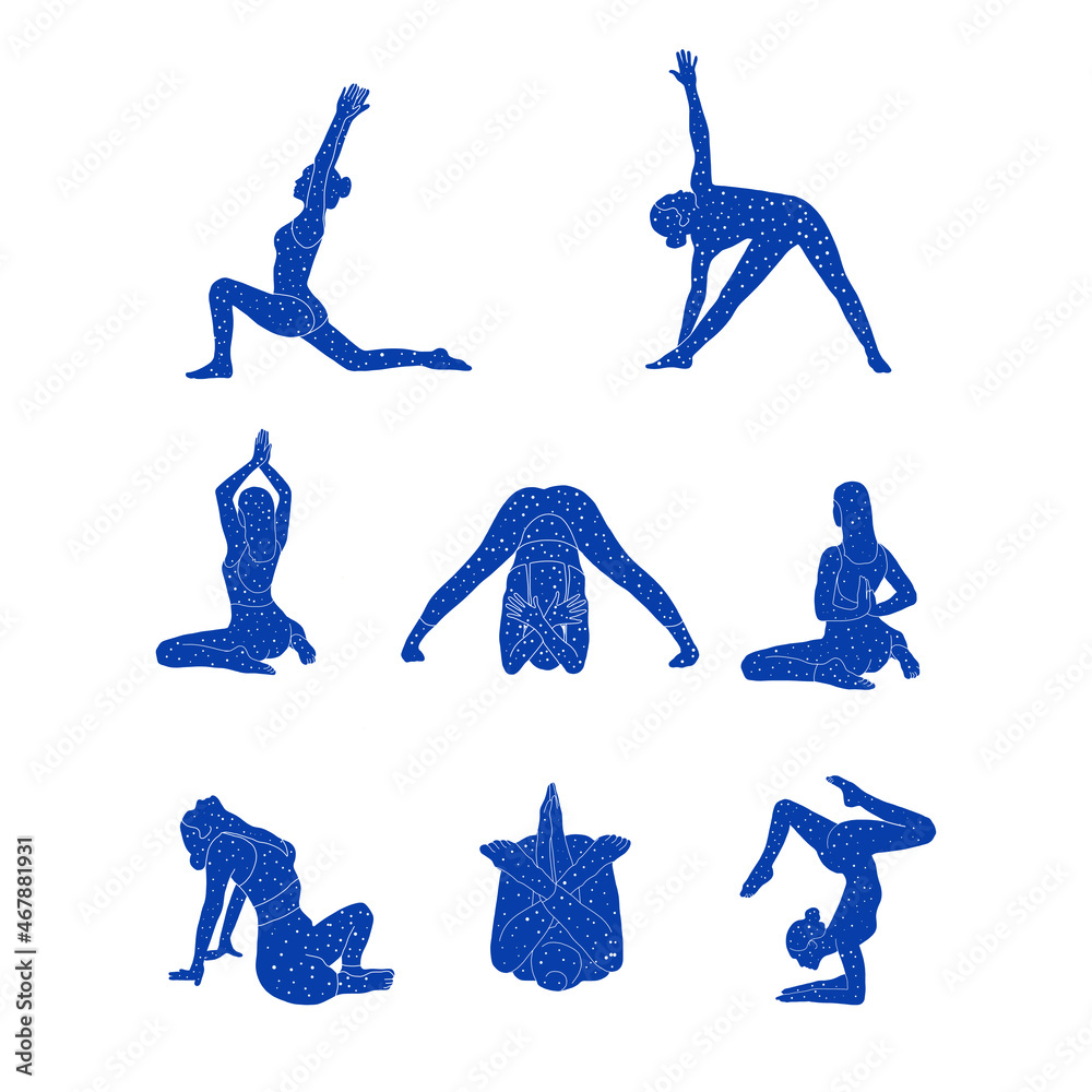 Spiritual mystical Woman in yoga pose in blue color style. Asana. Hand ...