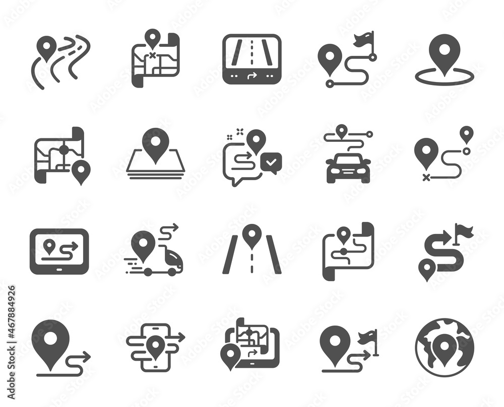 Road map icons. Journey path, Route map and Trip distance. GPS street pin, Car route and ...