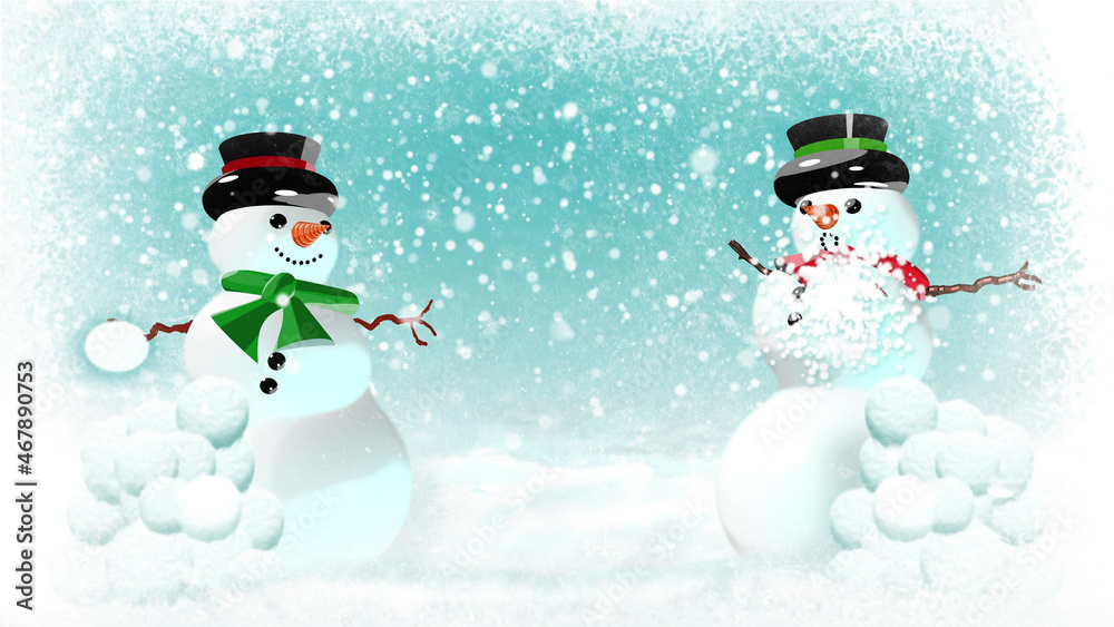 Snowmen Having Snowball Fight. 3D Cartoon illustration with copy space ...